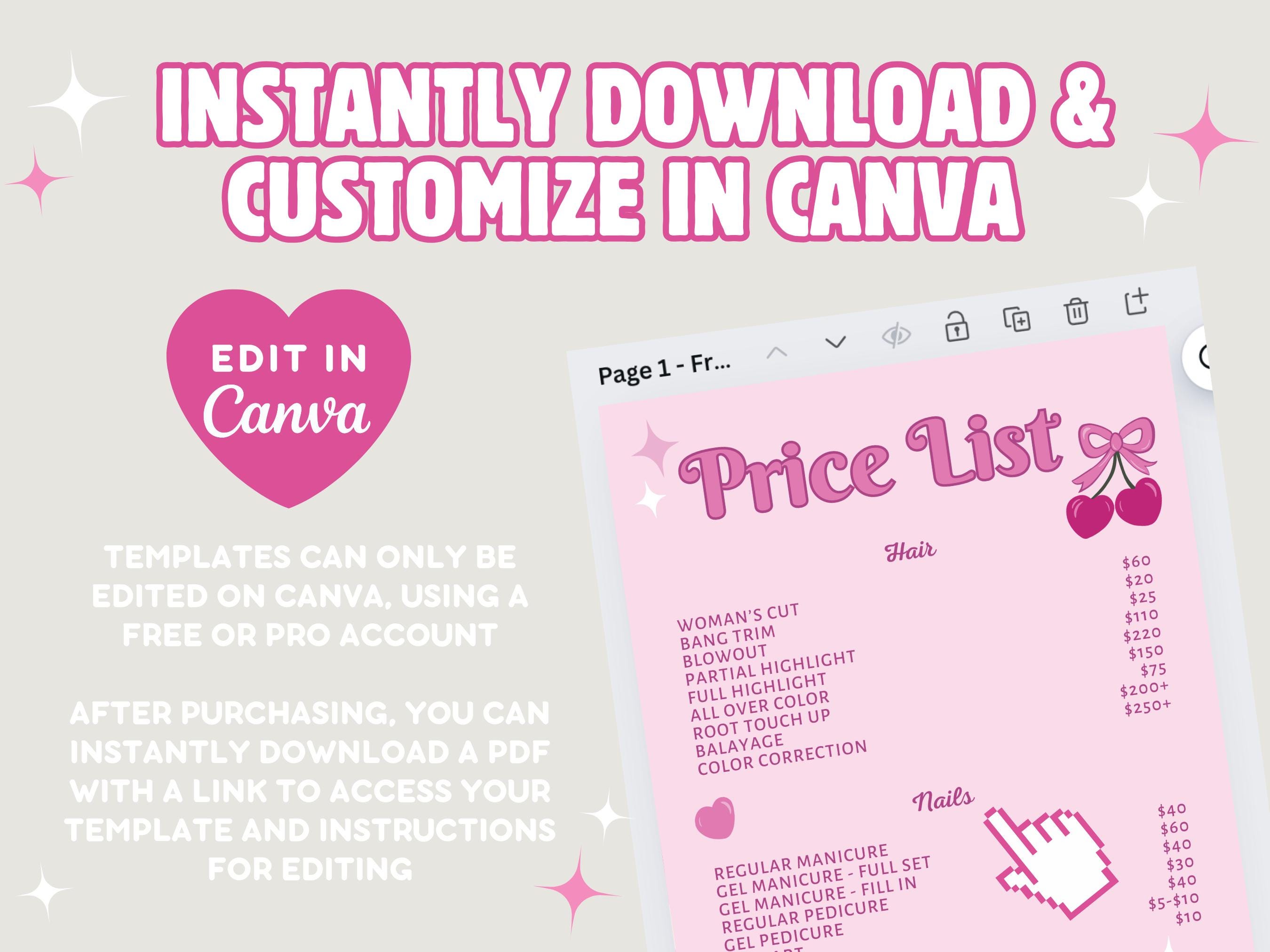 Coquette Cherry Price List Flyer Canva Template, DIY Printable Editable ...