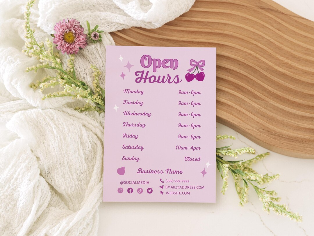 Salon Open Hours Sign Canva Template, DIY Cherry Printable Editable ...