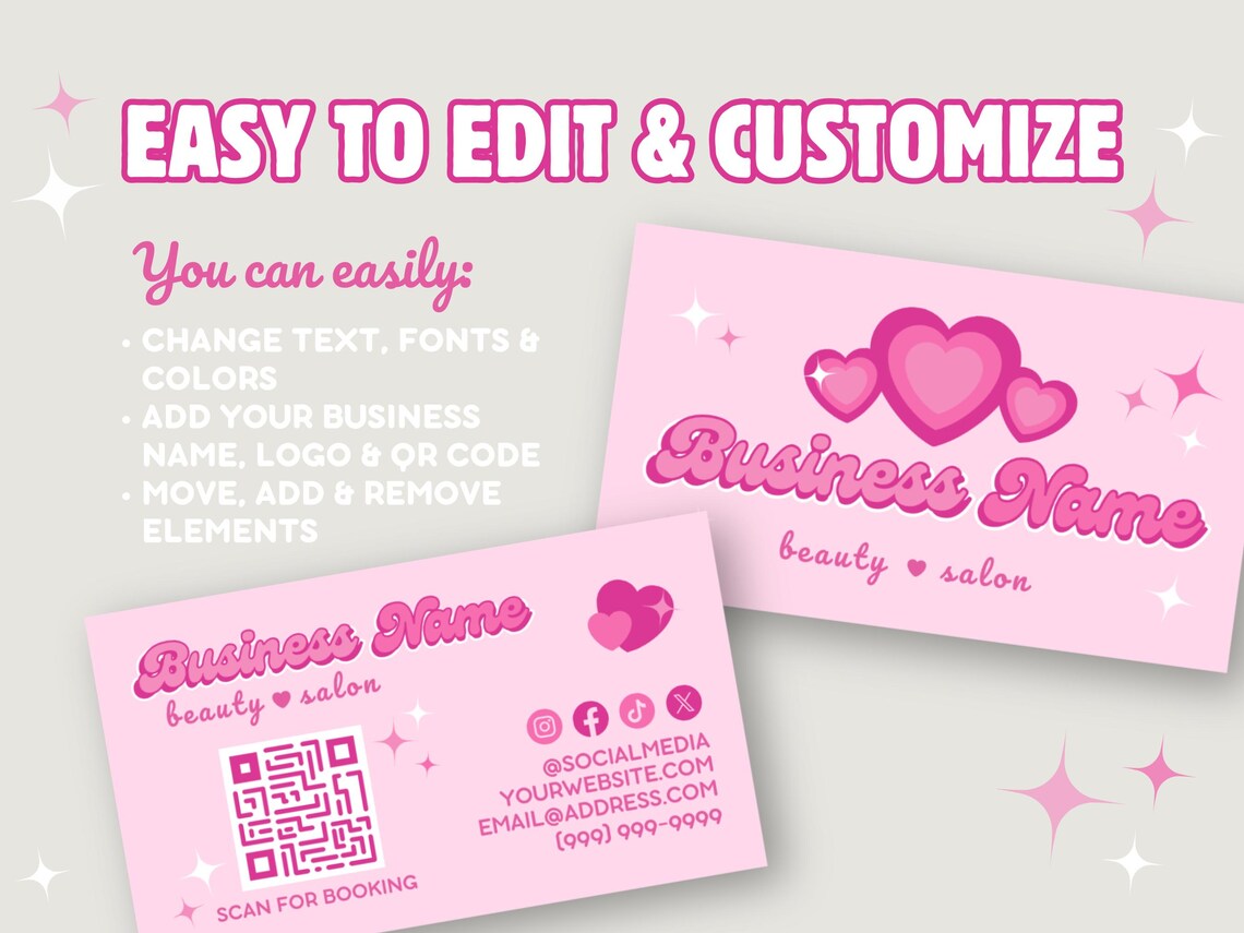 Y2K Beauty QR Code Business Card Canva Template, DIY Printable Editable ...