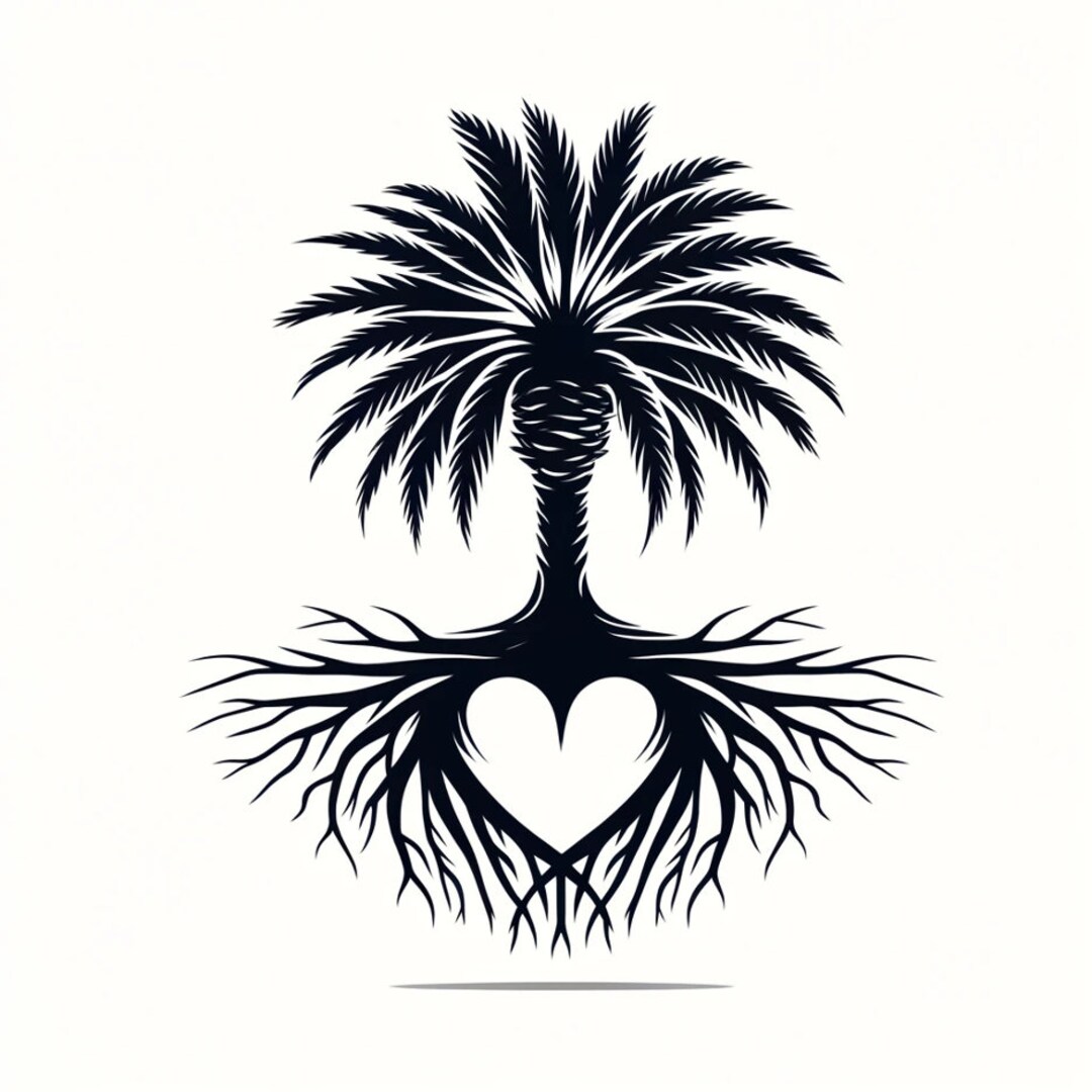 Realistic Palmetto Tree Logo With Heart-shaped Roots, Black and White ...