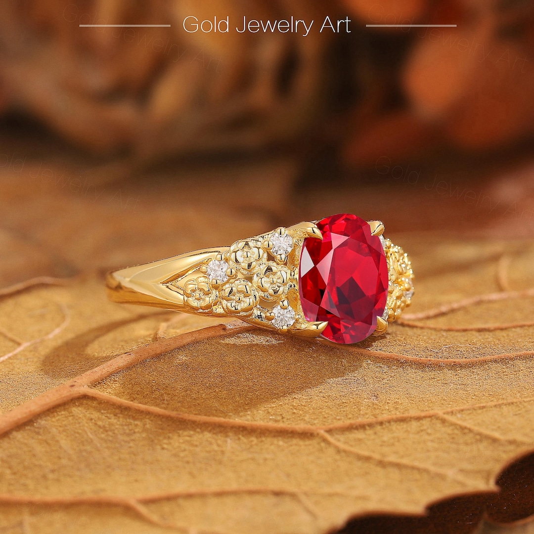 Vintage Oval Ruby Flower Ring: Diamond Nature Inspired Promise Ring - Etsy