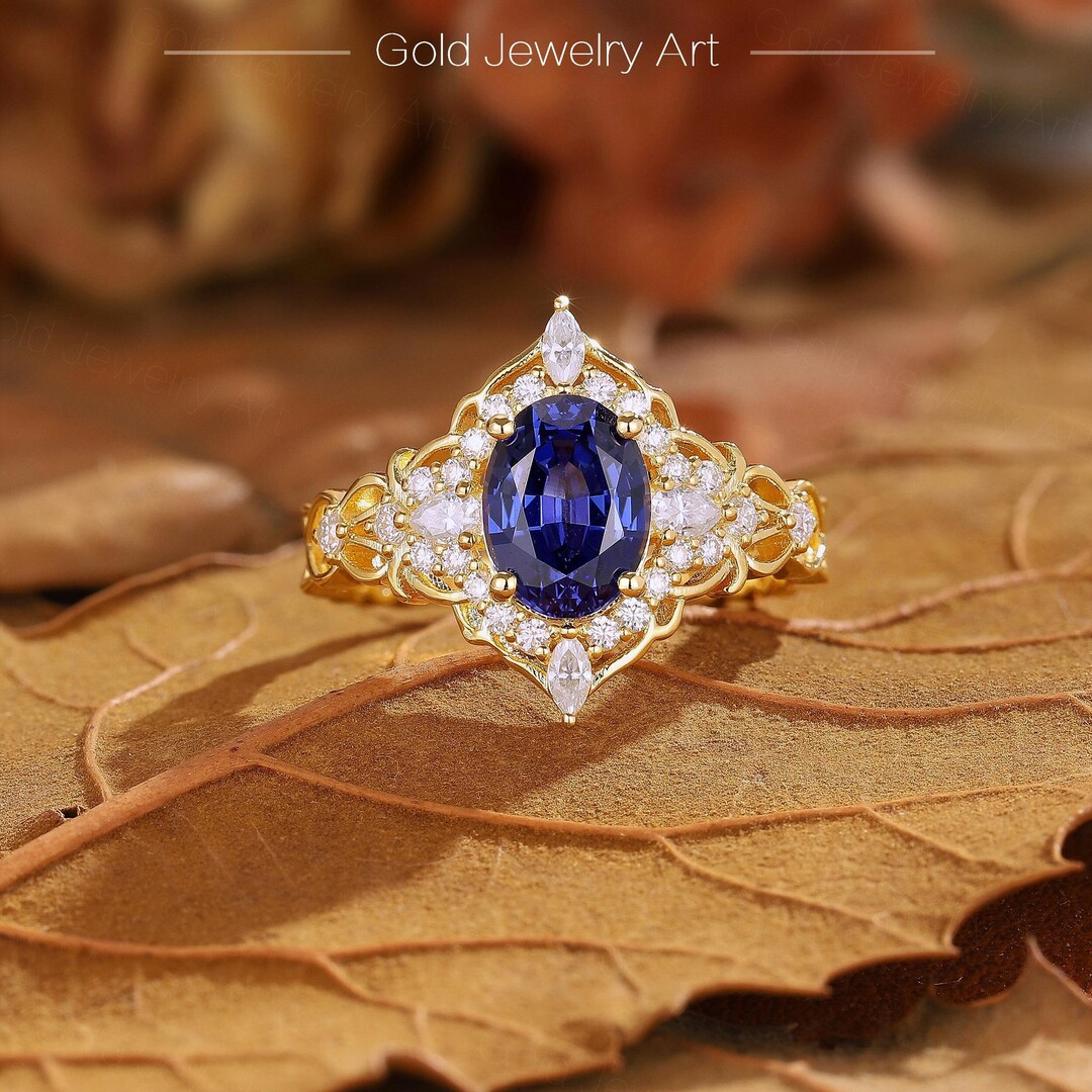 Vintage Oval Sapphire Engagement Ring: 14k Gold Openwork Moissanite ...