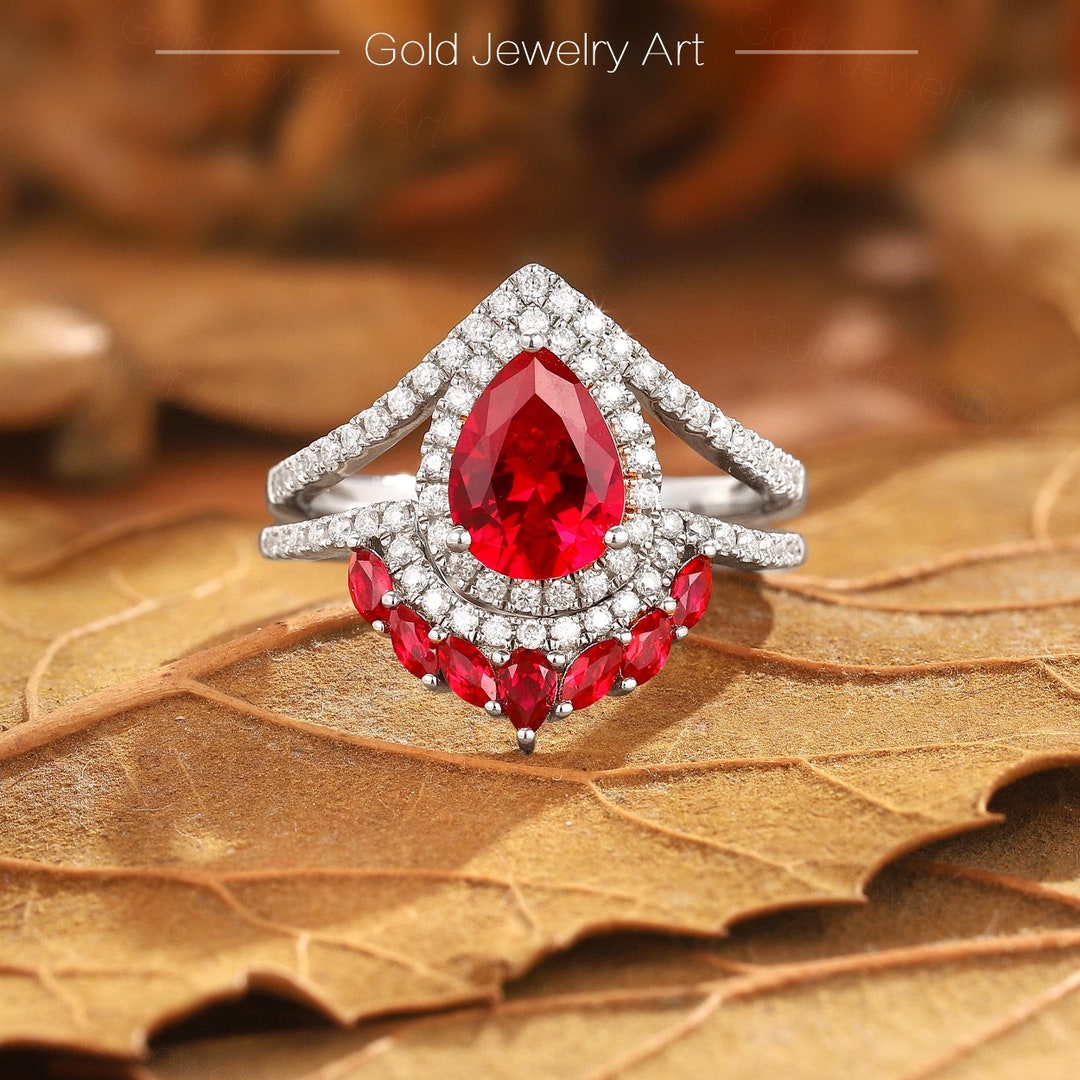 Vintage Pear Cut Ruby Engagement Ring Set 14k White Gold Marquise Ruby Wedding Ring Set Unique ...