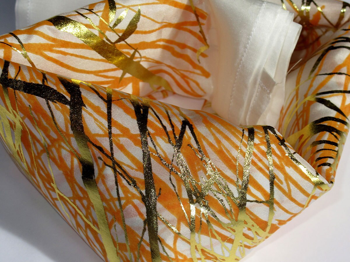 Willow Design Scarf, Silk and Metallic Gold Foil, Square Fashion Scarf ...