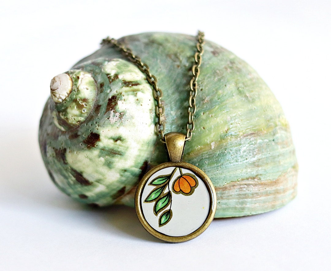 Orange Blossom Green Leaves Botanical Necklace Pendant Tin and Resin ...