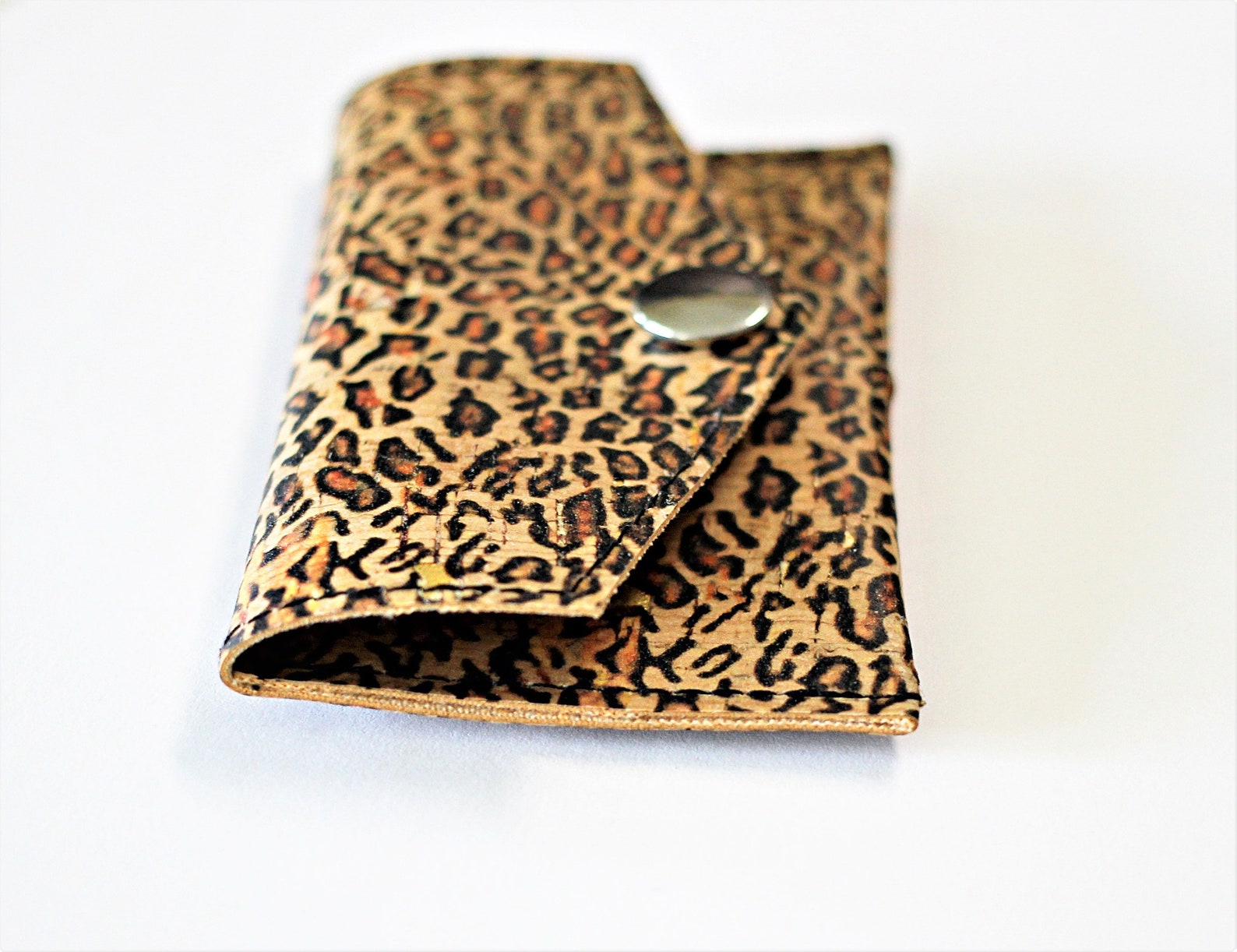 Small Card Wallet Snap Pouch Cork Fabric Faux Leather Leopard Cheetah ...