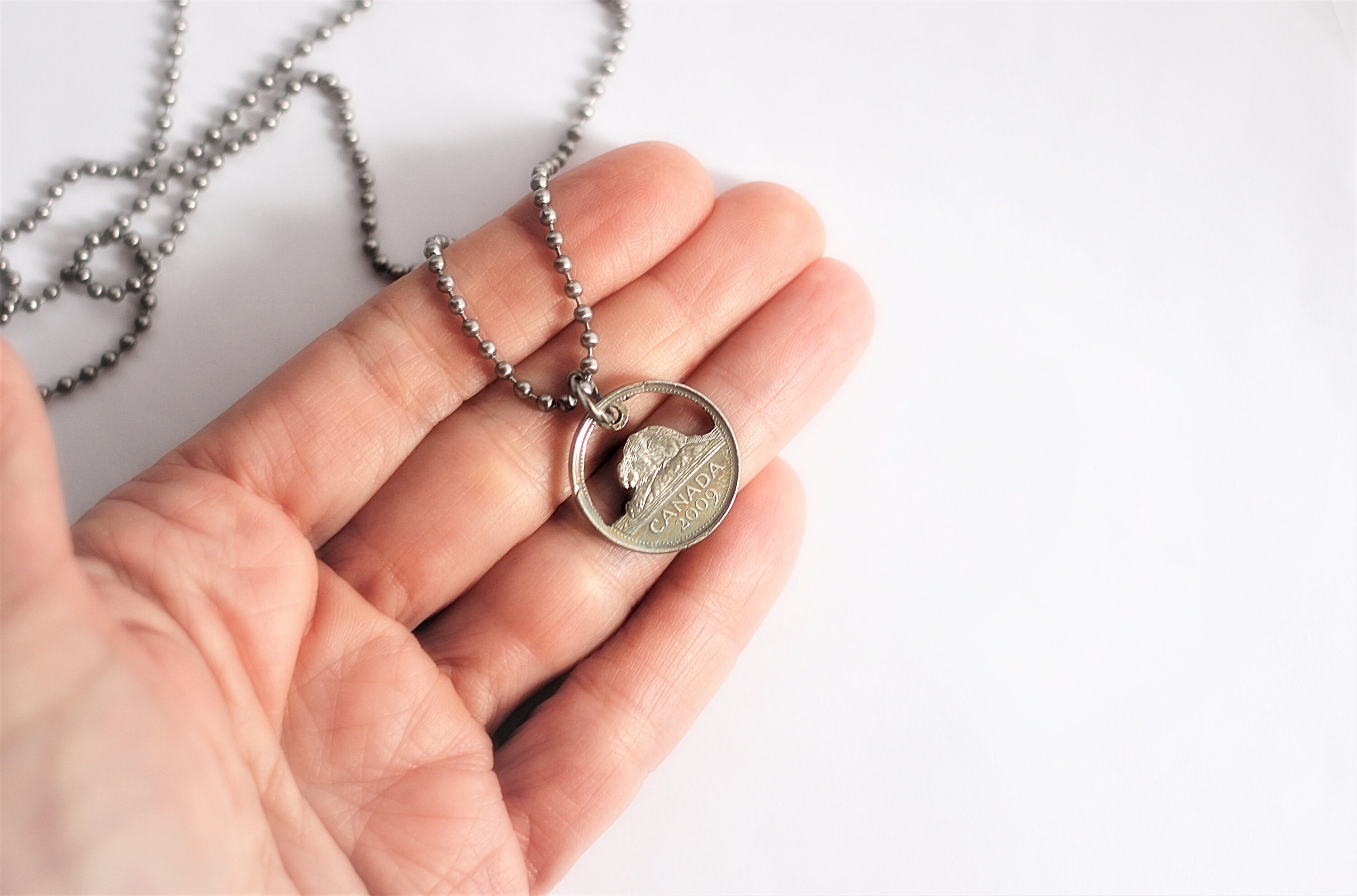 Canada Cut Coin Pendant Necklace, Coin Necklace, Beaver Coin, 5 Cents ...
