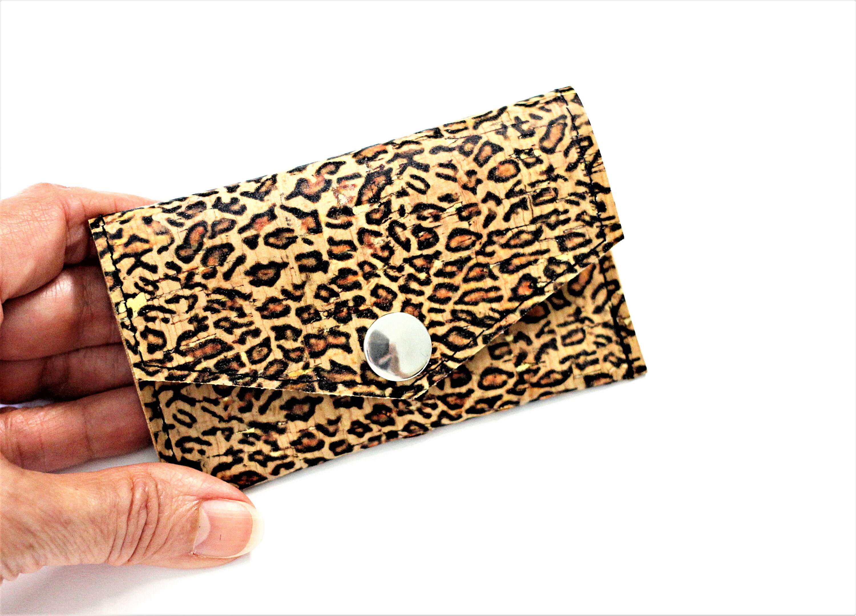 Small Card Wallet Snap Pouch Cork Fabric Faux Leather Leopard Cheetah ...