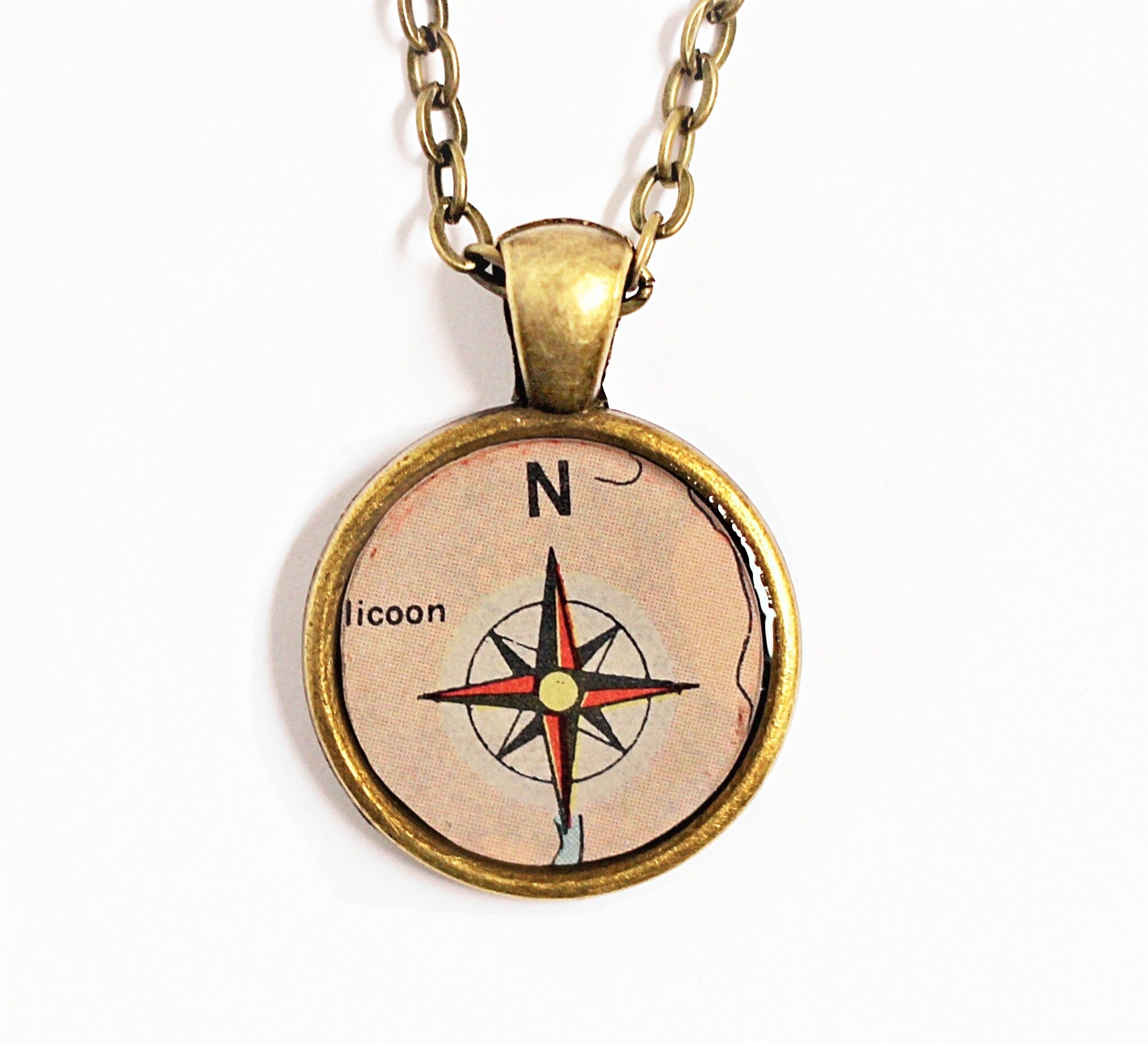 Compass Rose Map Necklace Pendant Resin Jewelry Bronze Bezel | Etsy