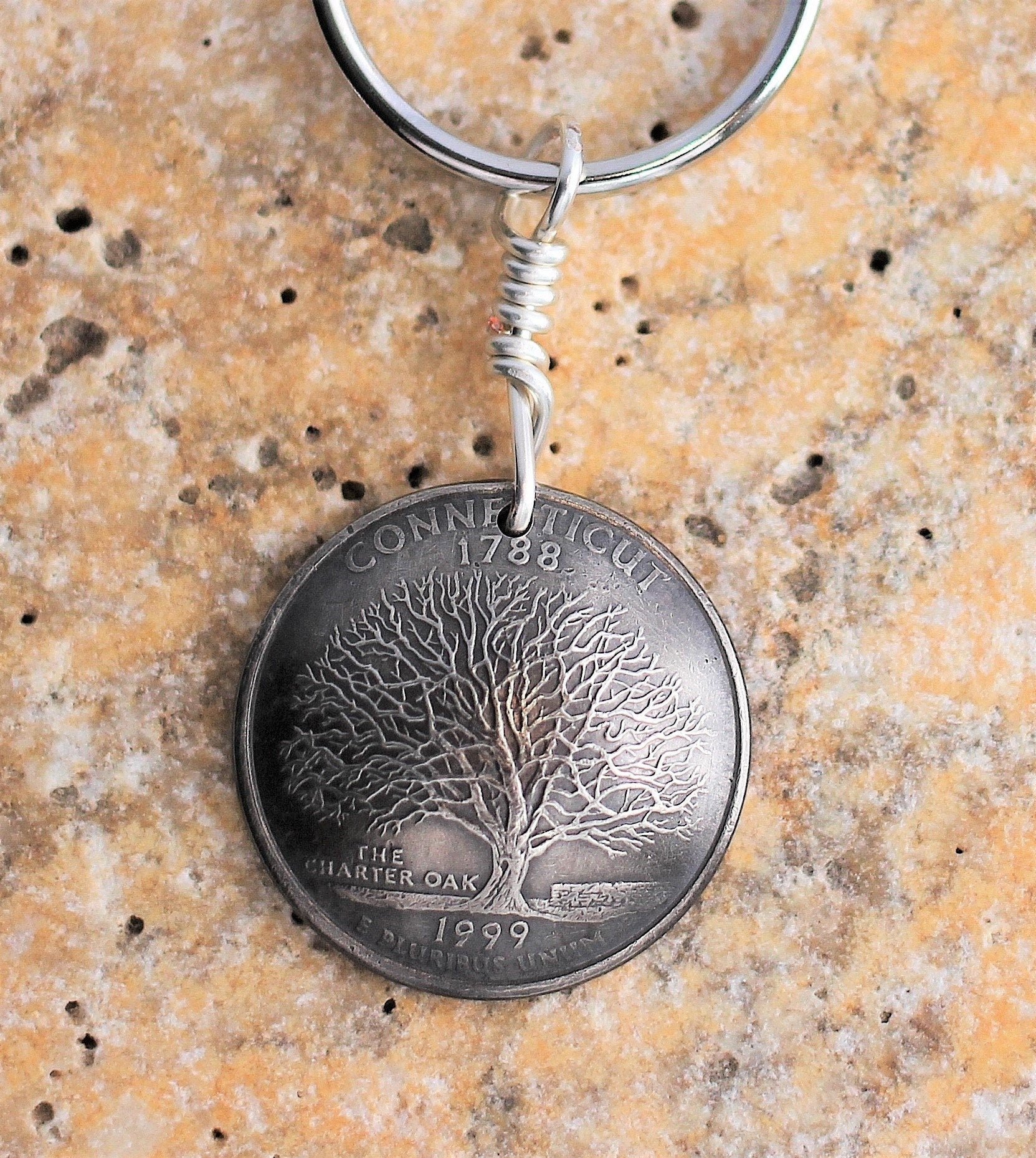 Connecticut Quarter Coin Key Ring Charter Oak Tree Keychain US State ...