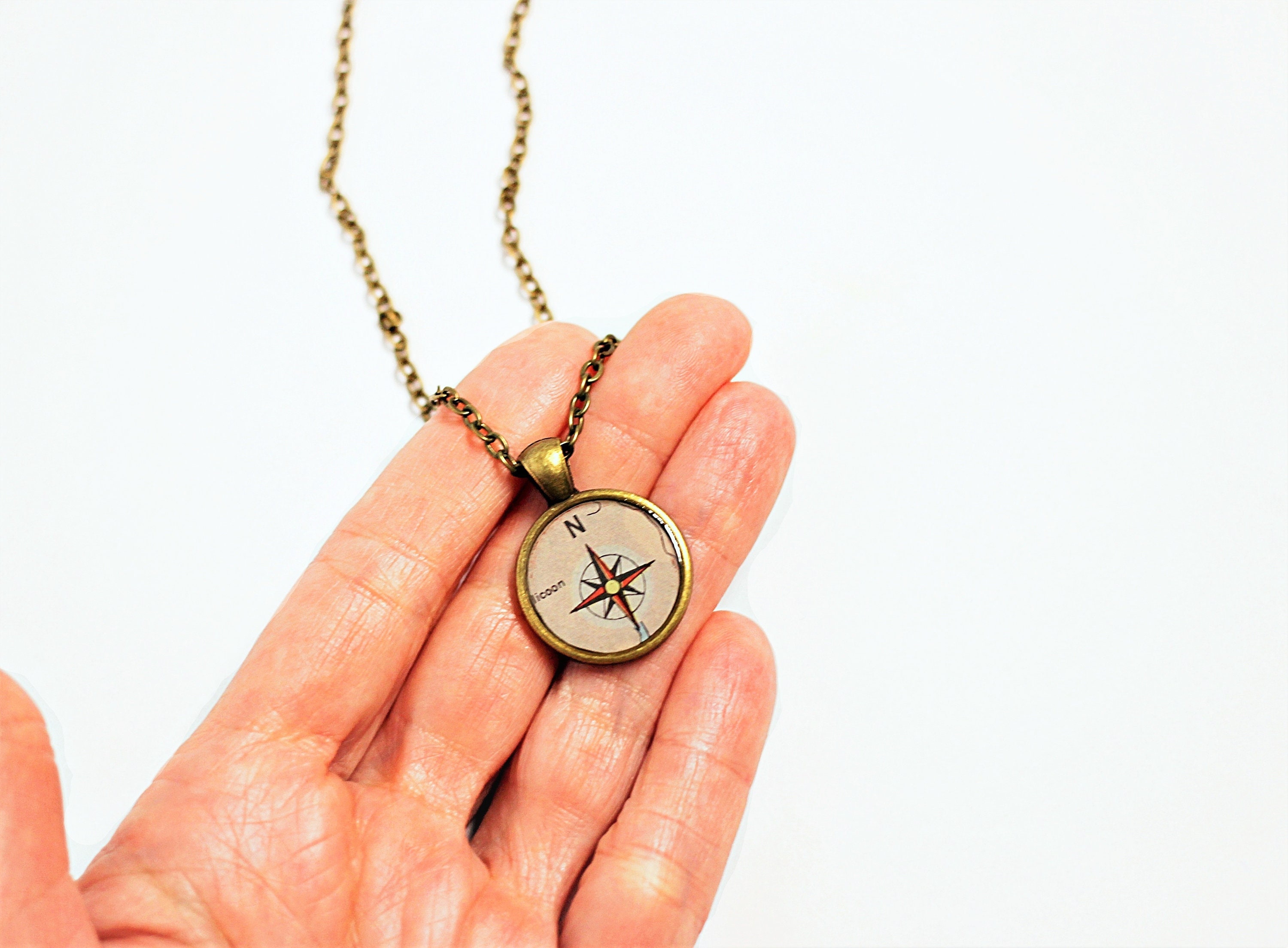 Compass Rose Map Necklace Pendant Resin Jewelry Bronze Bezel | Etsy