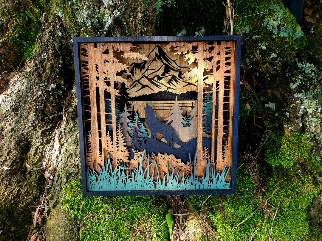 Layered Wood Art Wolf Howling in Mountain Forest Scene - Etsy