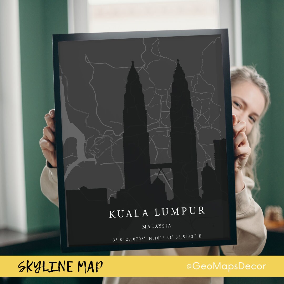 Kuala Lumpur Skyline Map Print , Grayscale Digital Download , High ...