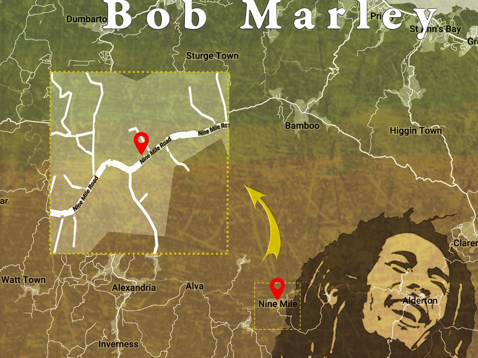 Bob Marley Birthplace Custom Map Poster | Unique Reggae Art Print ...