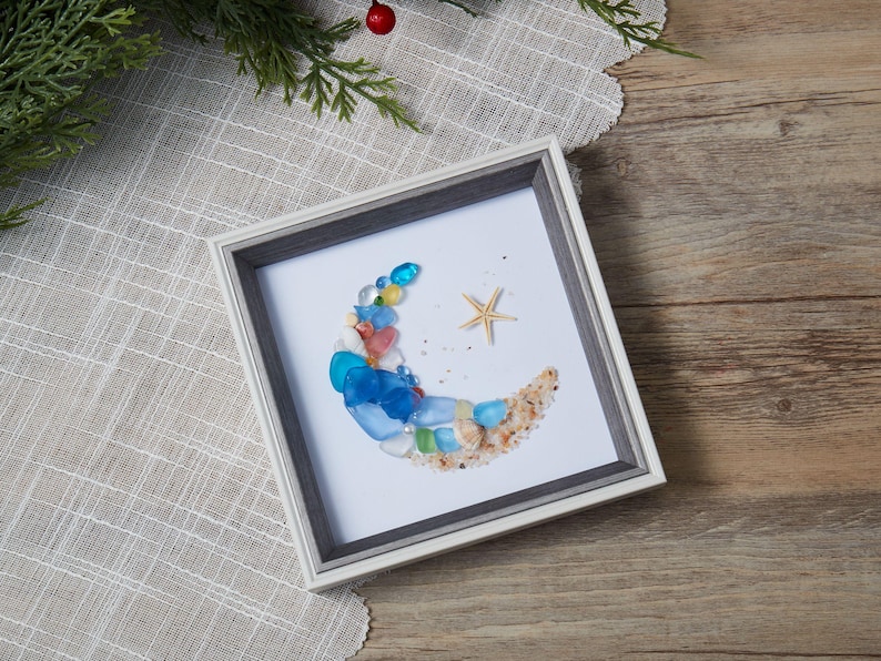 Sea Glass Moon Art Frame: Handmade Beach Decor,friendship Gift, 5 Inch ...