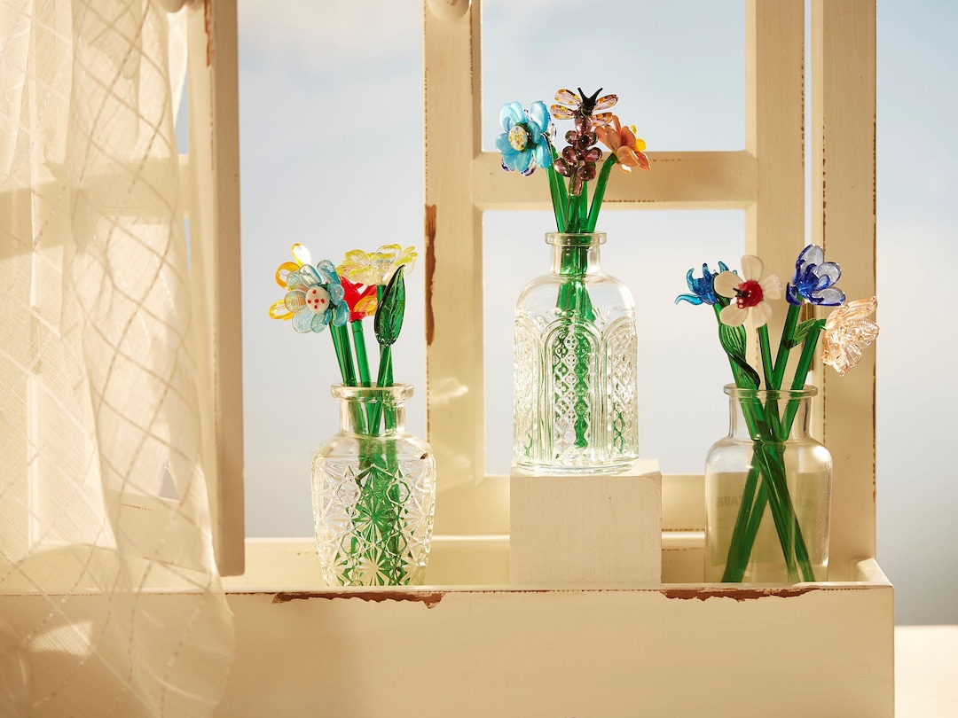 5pcs Glass Bouquet Set, Floral Plant Garden Stakes,glass Plants,single ...