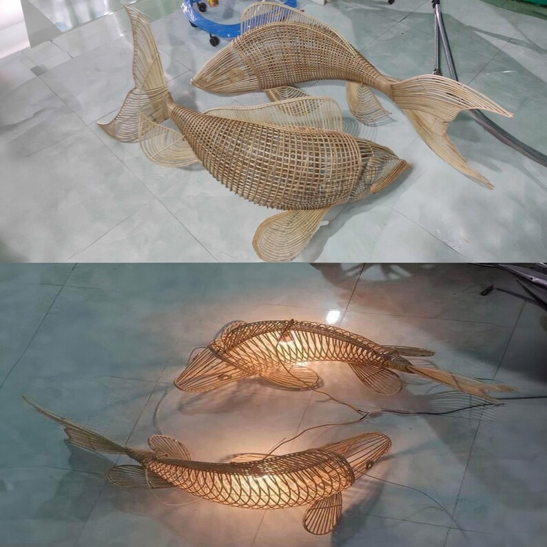 Fish Rattan Pendant Light Shade for Kitchen Island Rattan Chandelier ...