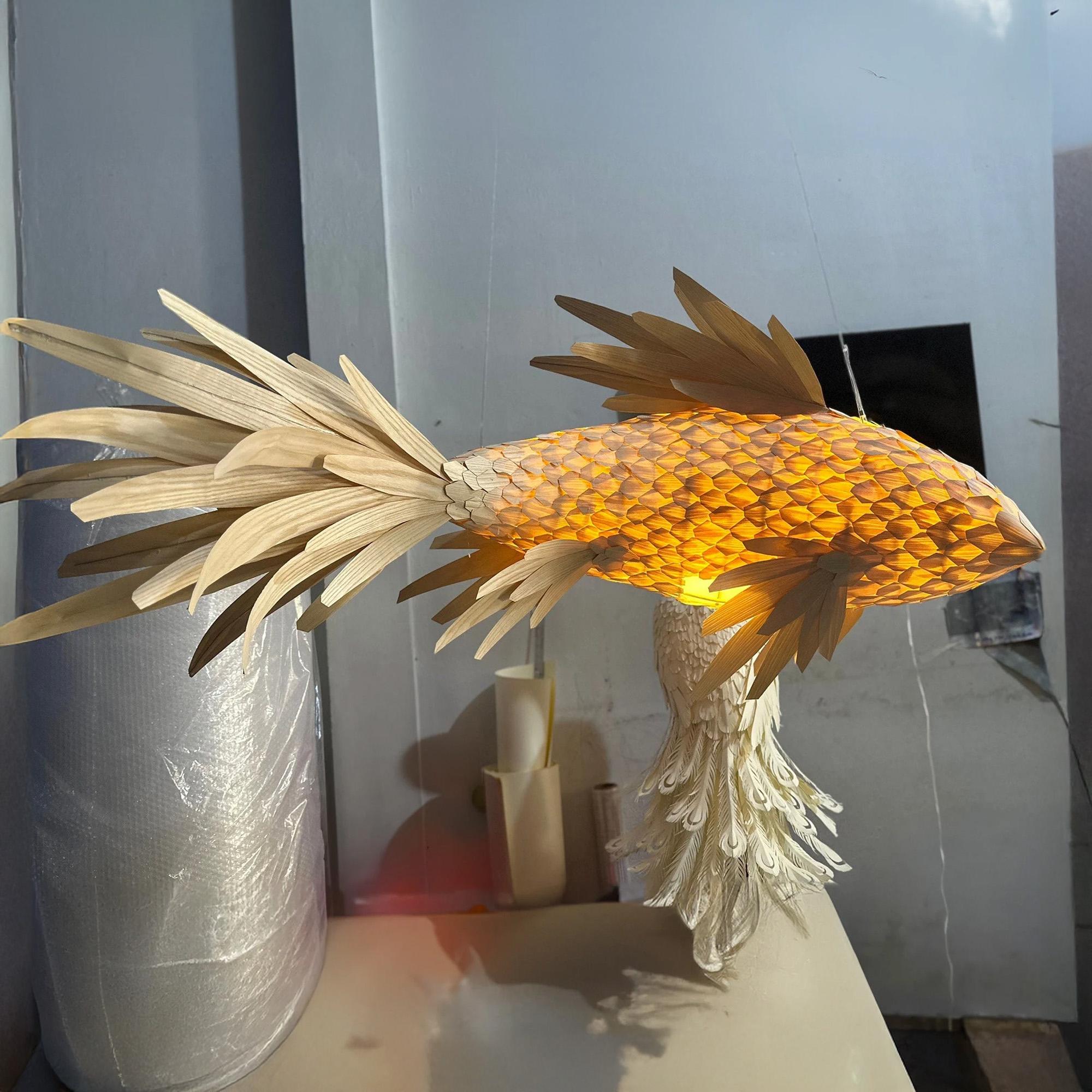 Fish Chandelier Lighting Wood Veneer Pendant Light Rattan Wicker Lamp ...