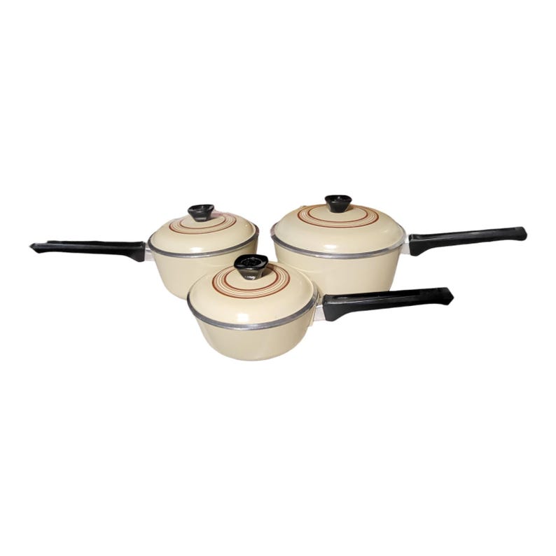 Vintage Club Pans, 3 Pot Set With Lids, Almond W/ Brown Accents - Etsy