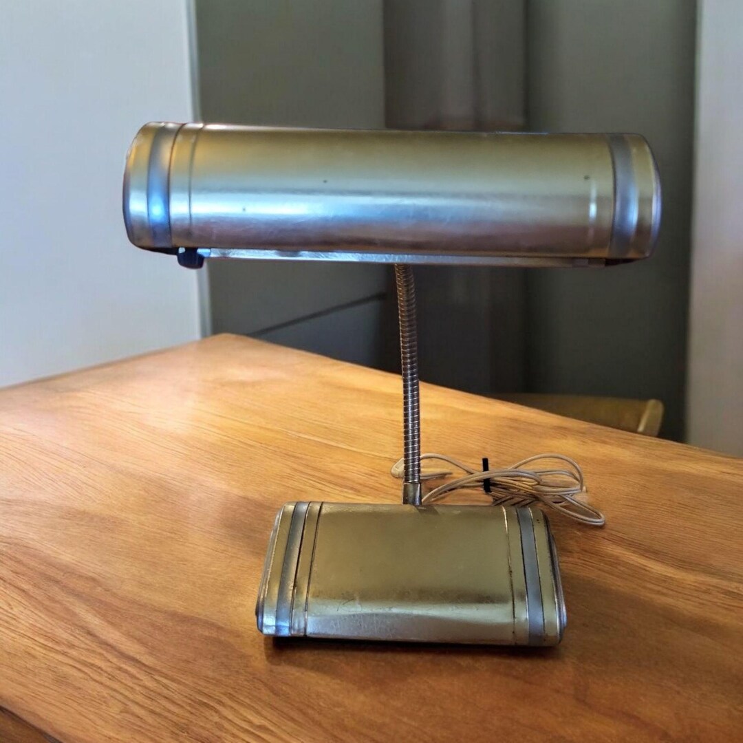 Vtg Art Deco Desk Banker Student Lamp Piano Tin Chrome Goose Neck ...