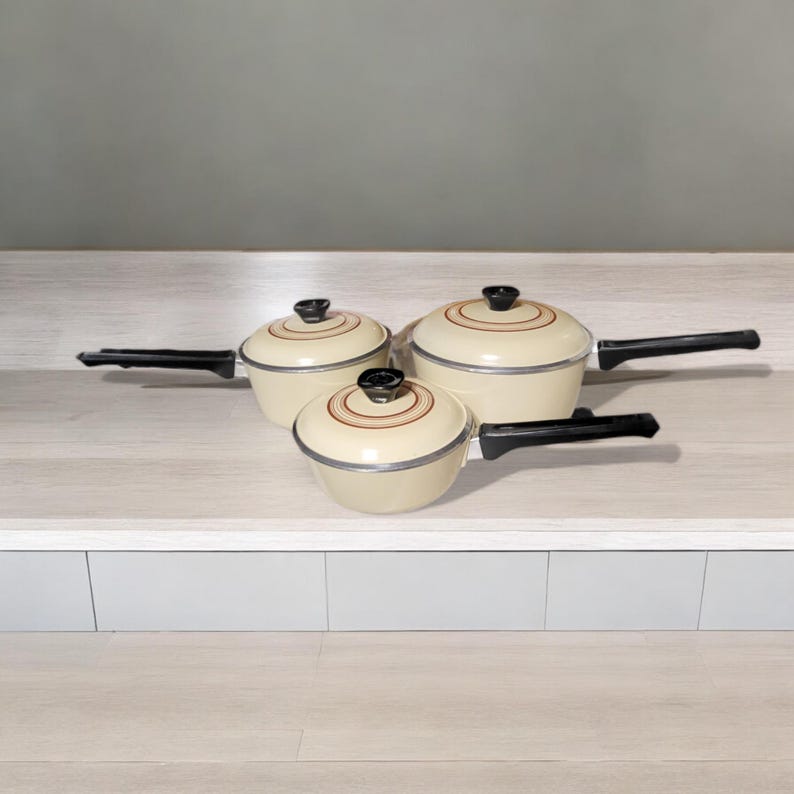 Vintage Club Pans, 3 Pot Set With Lids, Almond W/ Brown Accents - Etsy