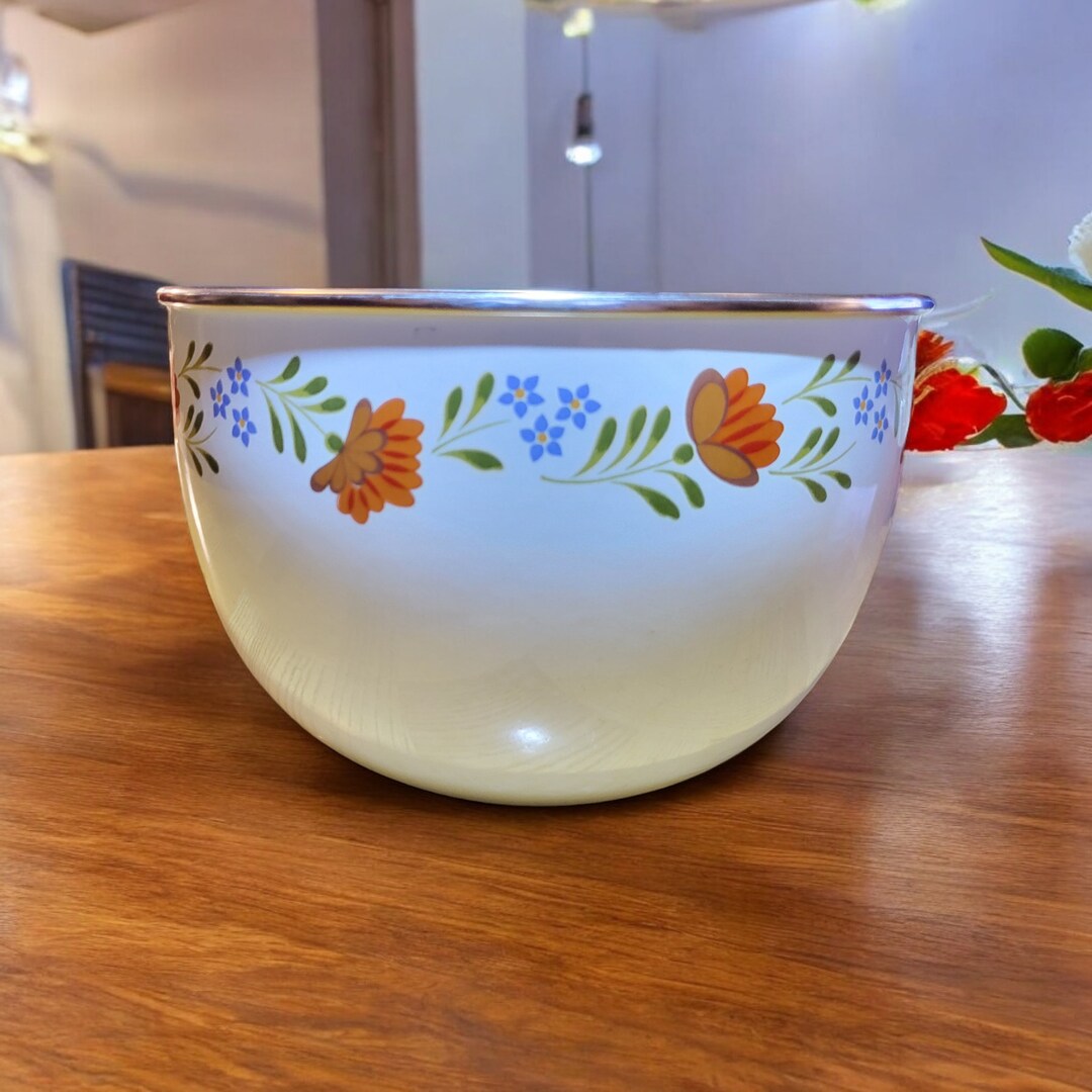 Vintage MCM 1970's Kobe Kitchen Mixing Bowl Enamel White Floral - Etsy