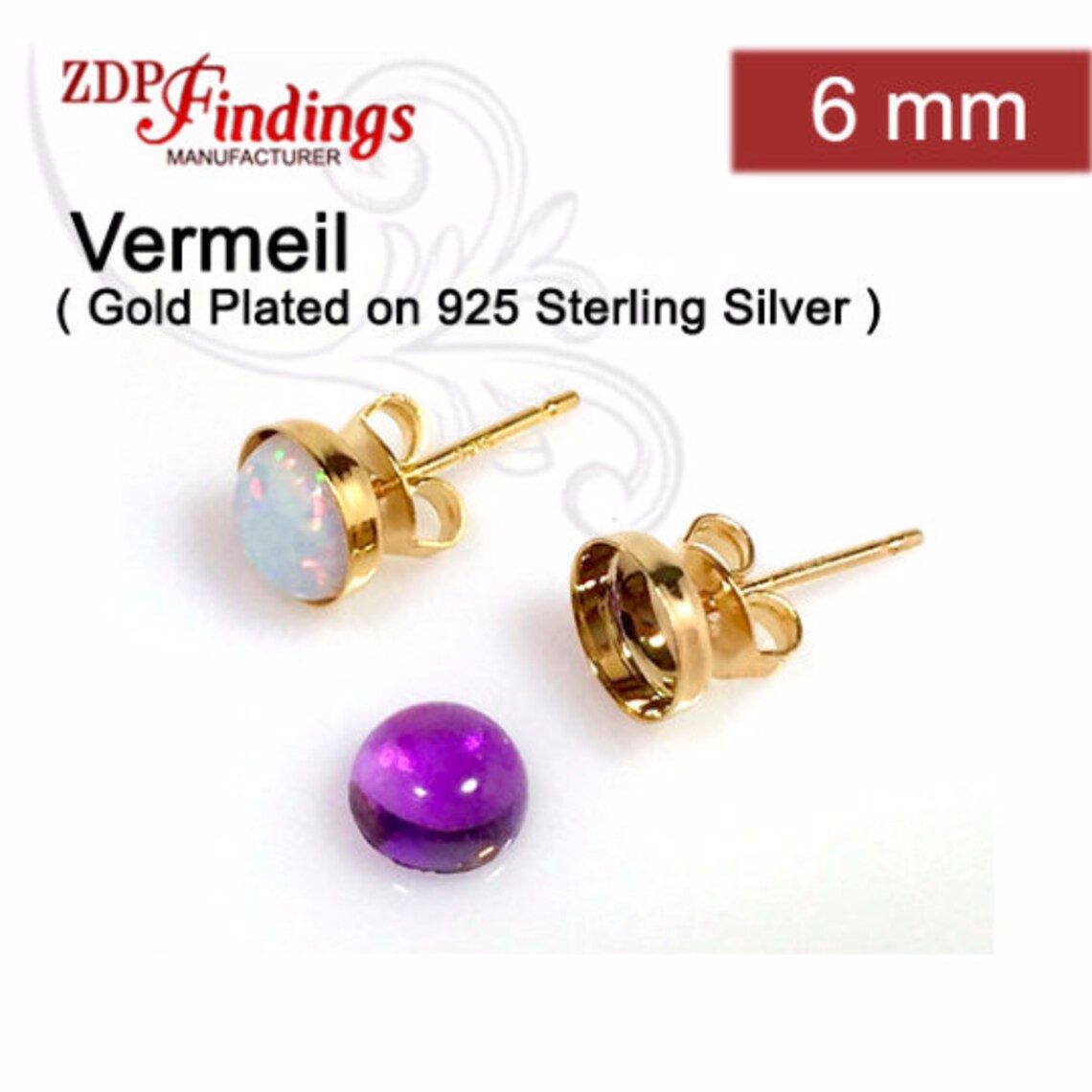10pcs X Round Vermeil Bezel Earring Cups Shiny Gold on 925 Sterling ...