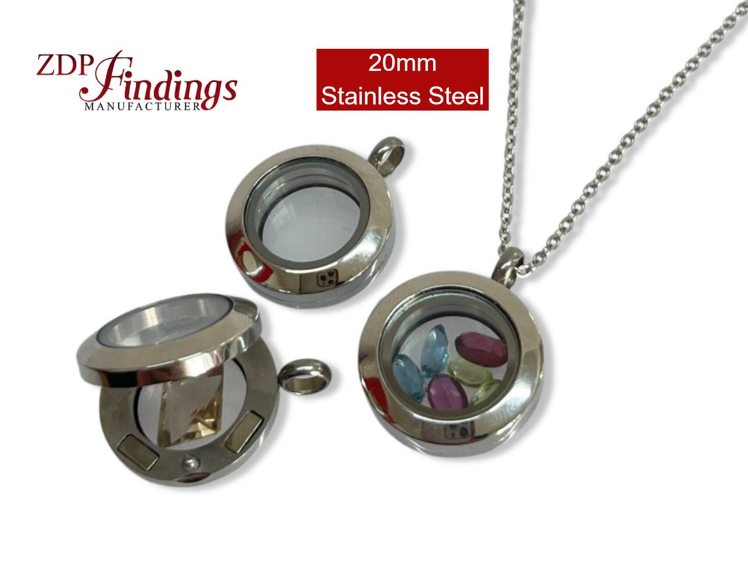 NEW! - 20mm Round Floating Locket Stainless Steel Fillable Glass Memory ...