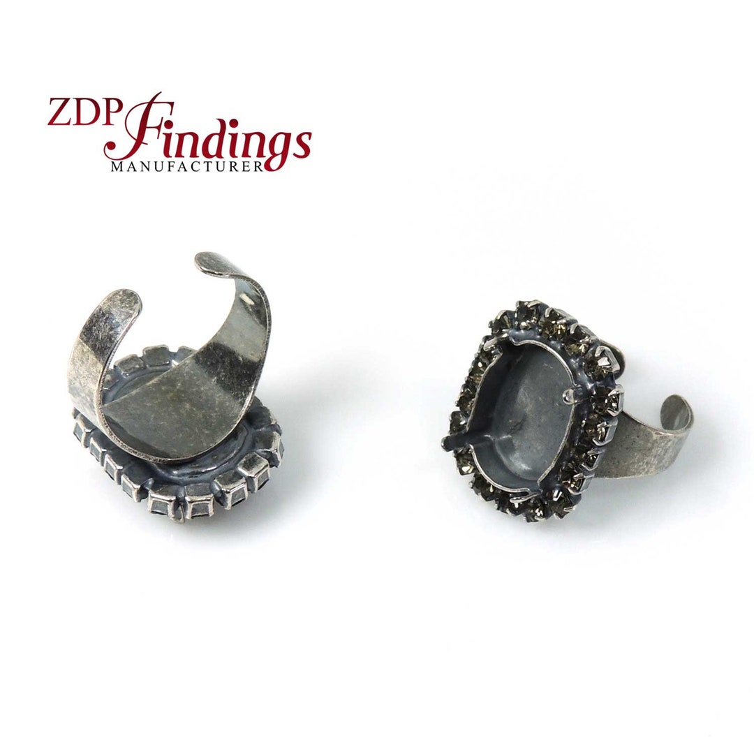 Oval 18x13mm Adjustable Ring Setting With Black Diamonds Fit Swarovski ...