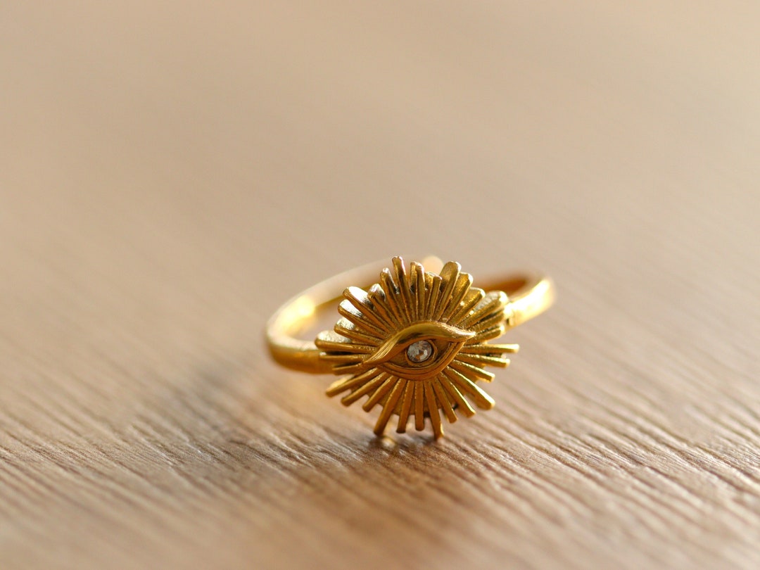 18K Gold Sun Ring, Adjustable Evil Eye Rings, Handmade Ring, Celestial ...