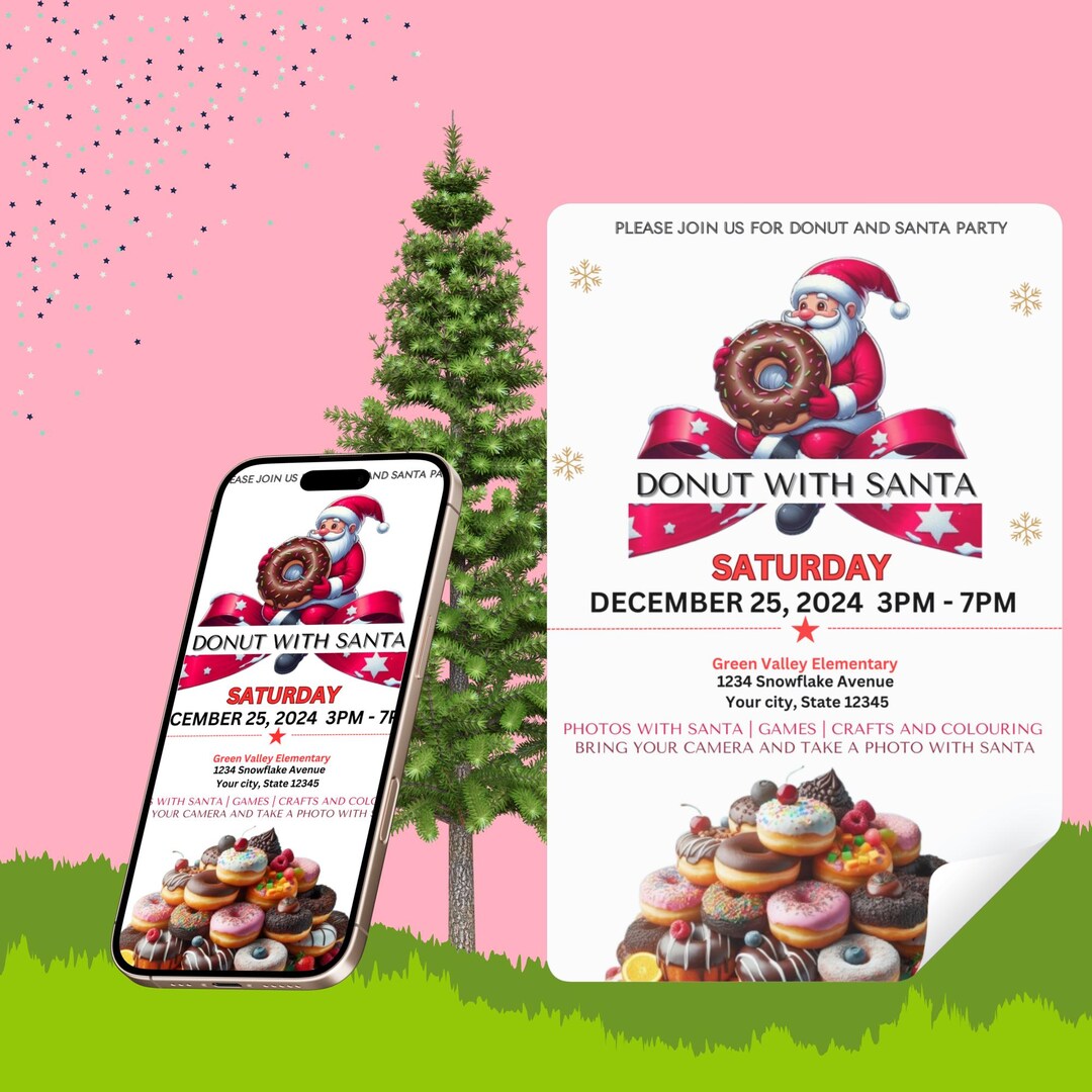 Editable Donuts With Santa Invitation Christmas Card Digital Christmas ...