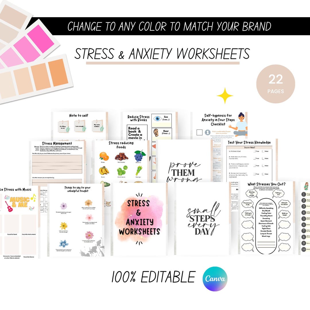Stress & Anxiety Workbook Printable, Editable Therapy Worksheets ...