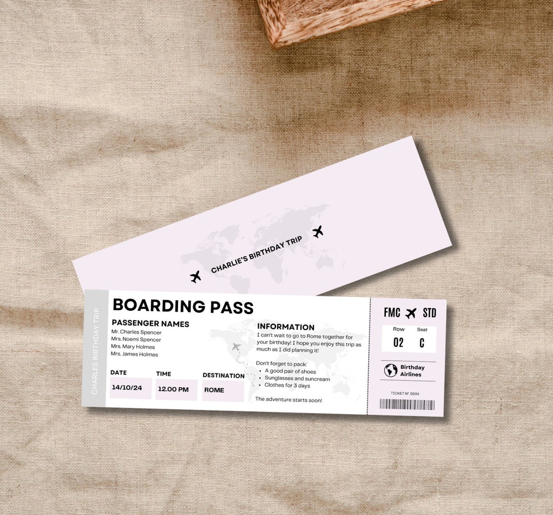 Editable Online Boarding Pass Template Airplane Ticket Travel Gift for ...