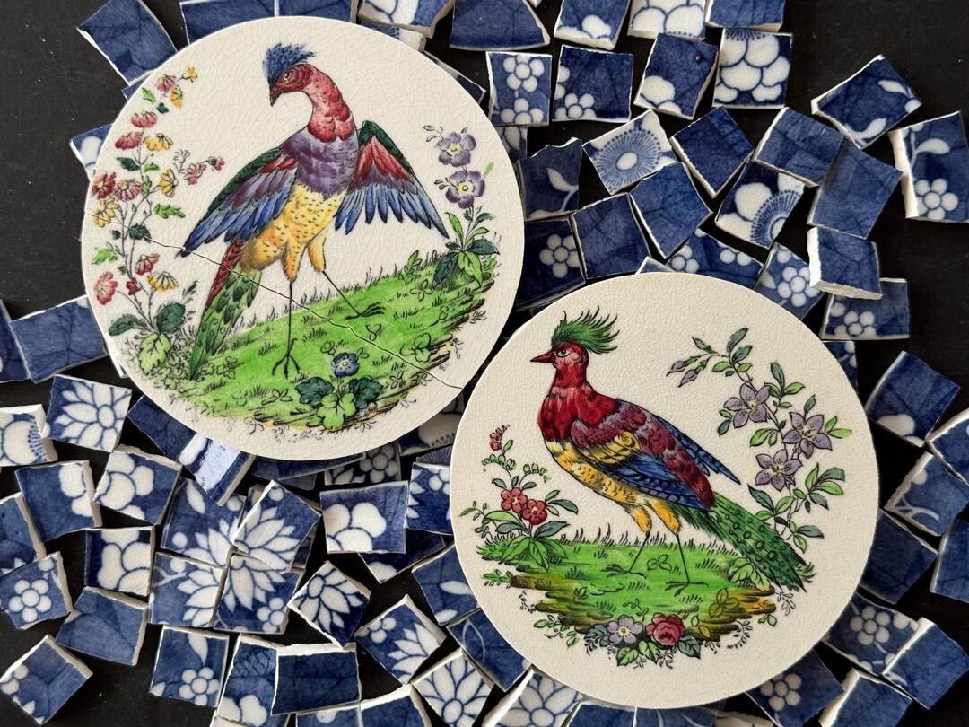 130 2 Antique Copeland Spode White Flowers on Blue Birds China Mosaic ...