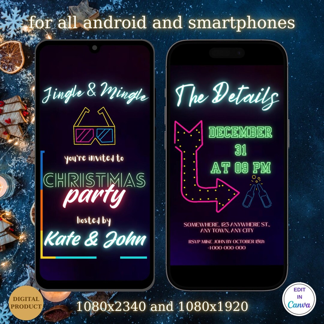Digital Editable Animated Neon Christmas Party Invitation, Jingle and ...