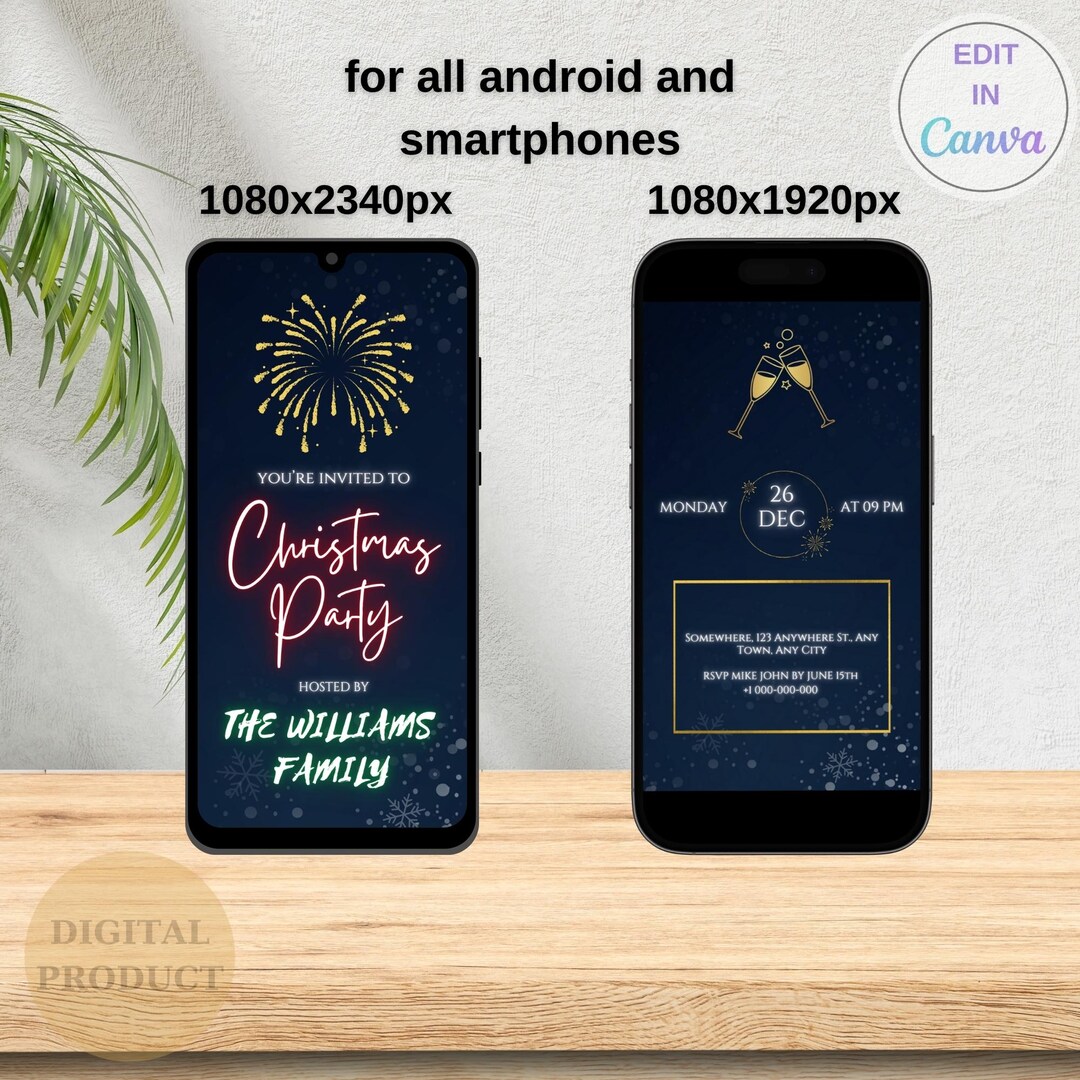 Digital Editable Animated Neon Christmas Party Invitation Canva