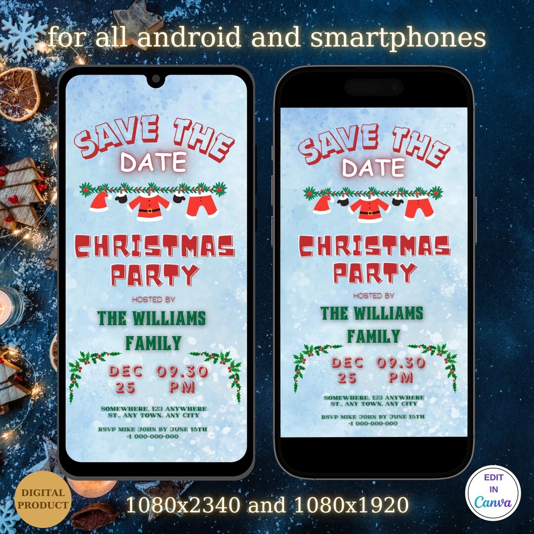 Editable Christmas Party Invitation Template, Digital Save the Date ...