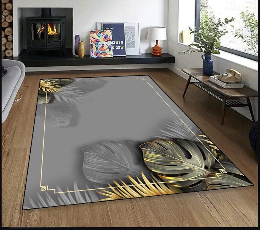 Monstera Leaf Area Rug, Gold Gray Tropical Print Carpet - Etsy