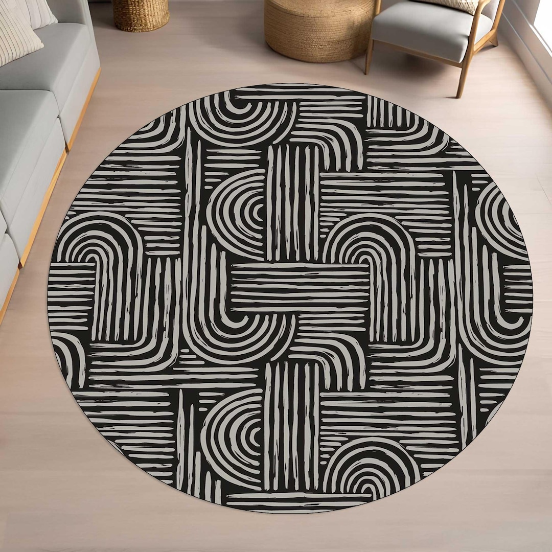 Round Black White Geometric Rug, Modern Abstract Circle Carpet ...