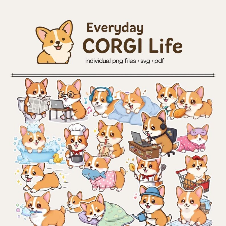 20 Cute Corgi Digital Sticker Set, Kawaii Dog Clipart Cooking, Sitting ...