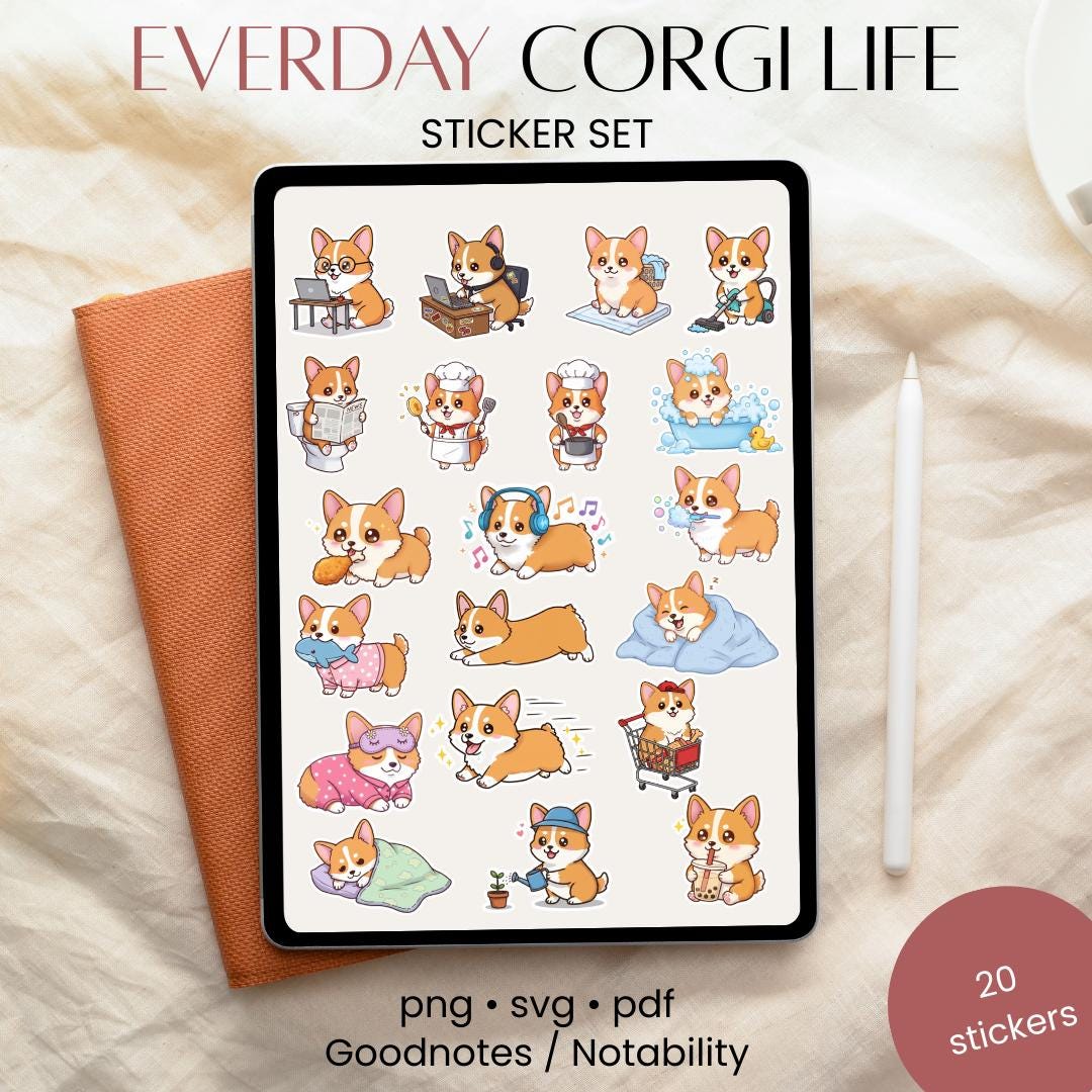 20 Cute Corgi Digital Sticker Set, Kawaii Dog Clipart Cooking, Sitting ...