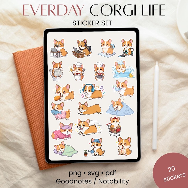 20 Cute Corgi Digital Sticker Set, Kawaii Dog Clipart Cooking, Sitting ...