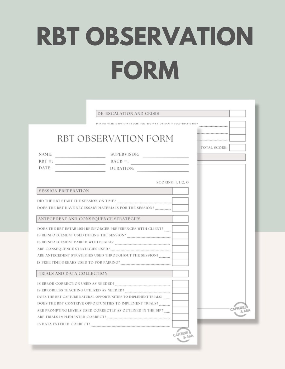 Supervisor RBT Observation Form, Digital, Printable, PDF, Gray - Etsy