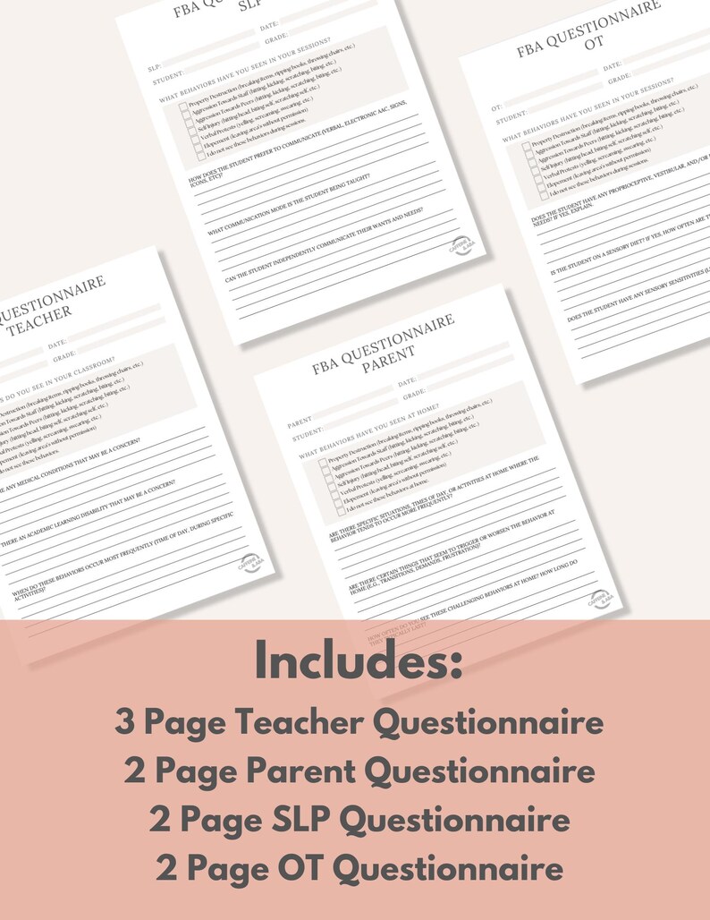 FBA Questionnaire Pack, Printable, Digital File, SLP, Occupational ...