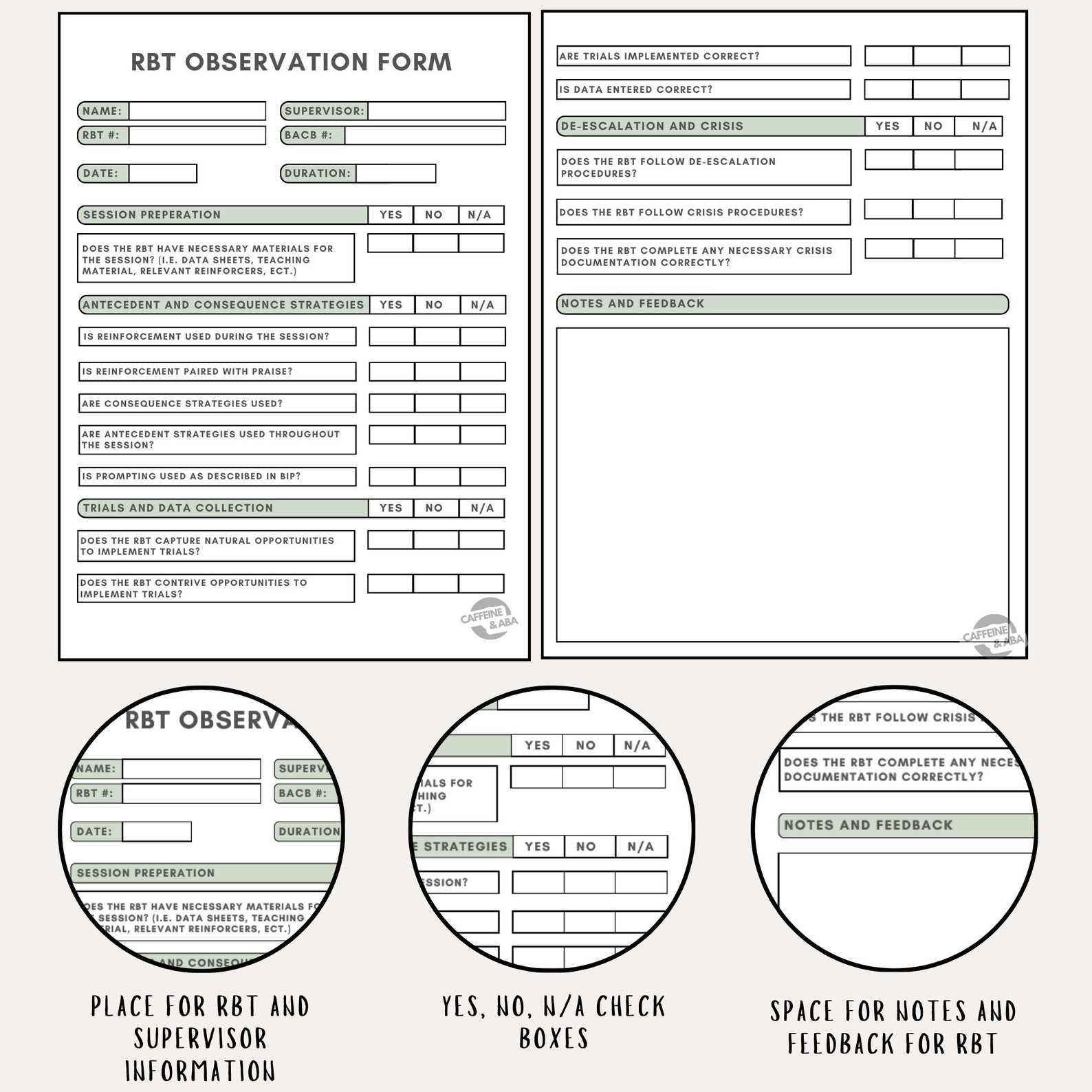 Supervisor RBT Observation Form, Digital, Printable, PDF, Green - Etsy