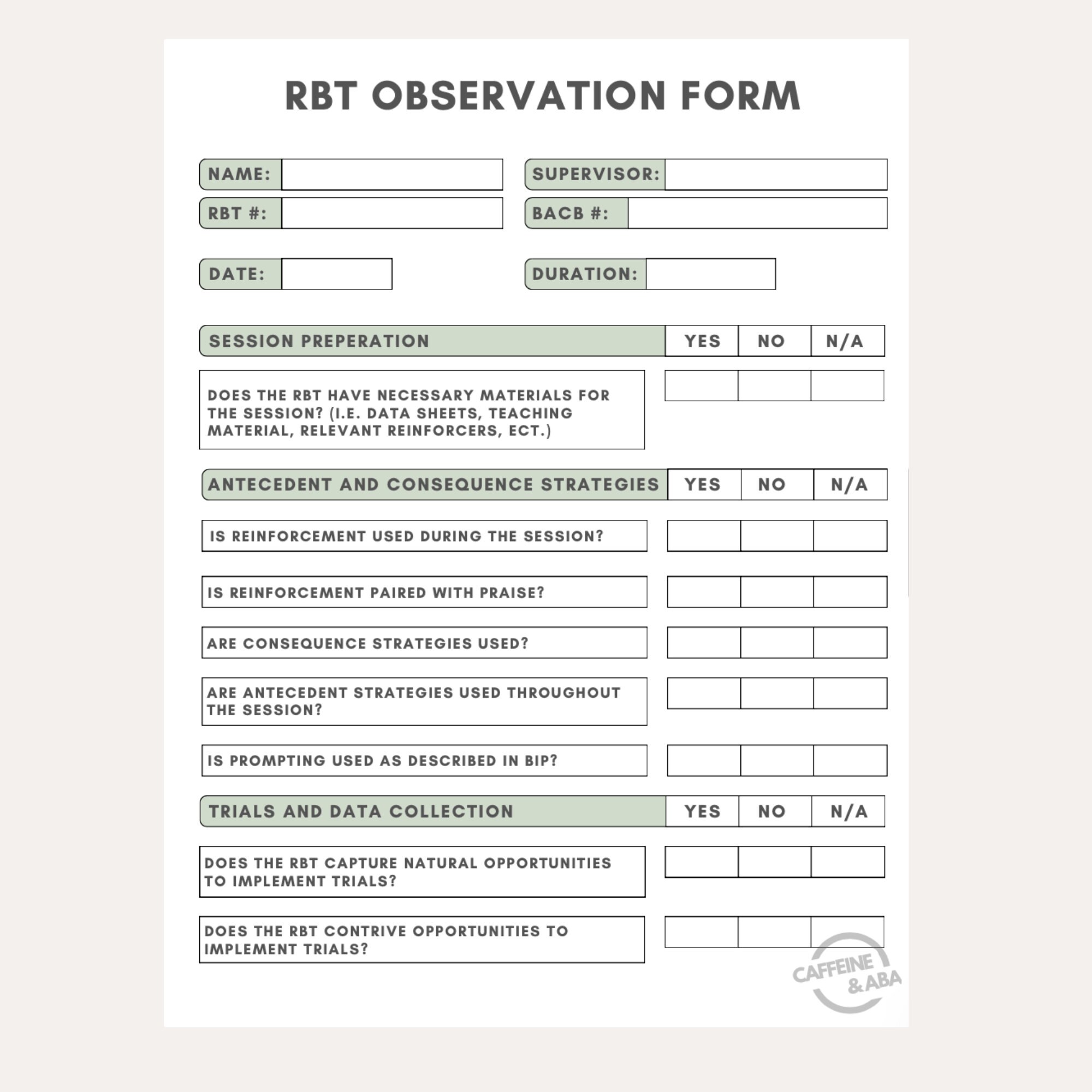 Supervisor RBT Observation Form, Digital, Printable, PDF, Green - Etsy