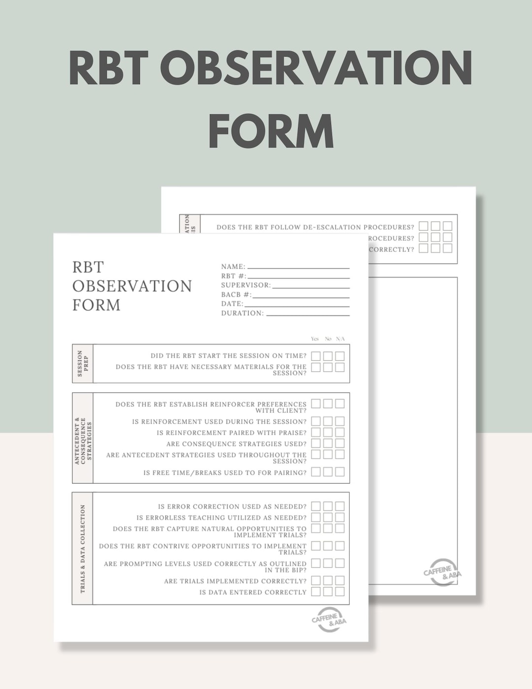 Supervisor RBT Observation Form, Digital, Printable, PDF - Etsy