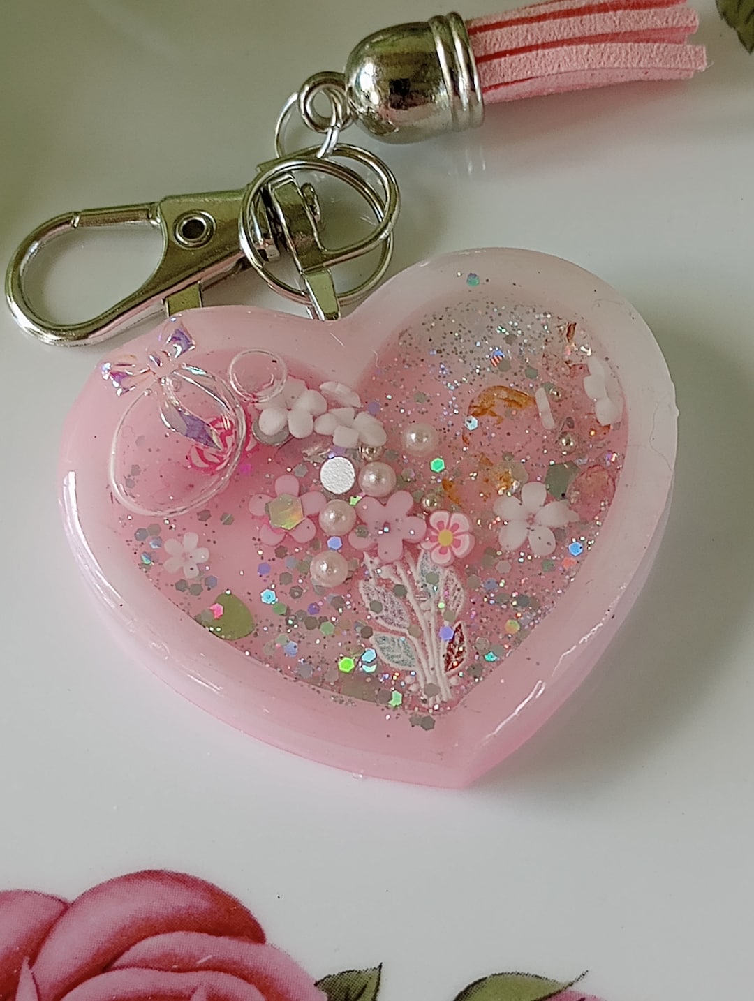 Pink Heart Glitter Resin Shaker Keychain - Etsy