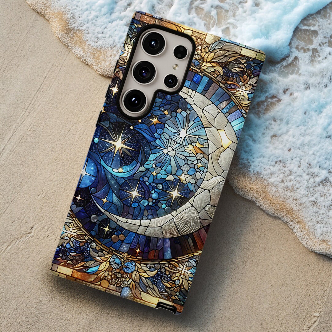 Celestial Stained Glass Moon and Stars Phone Cases, Faux Stained Glass ...