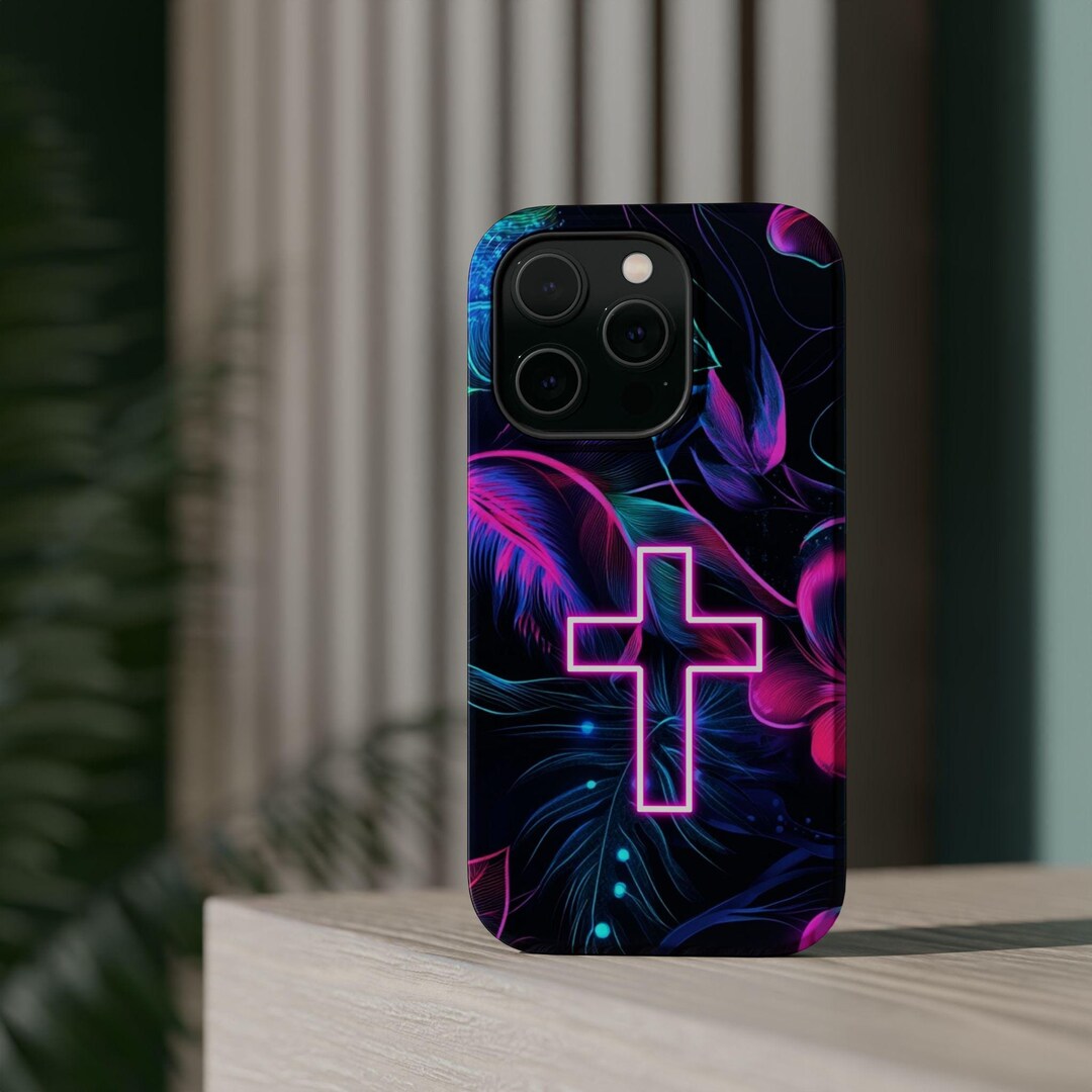 Christian Retro Tropical Floral Cross Phone Case. Neon Sign Design ...